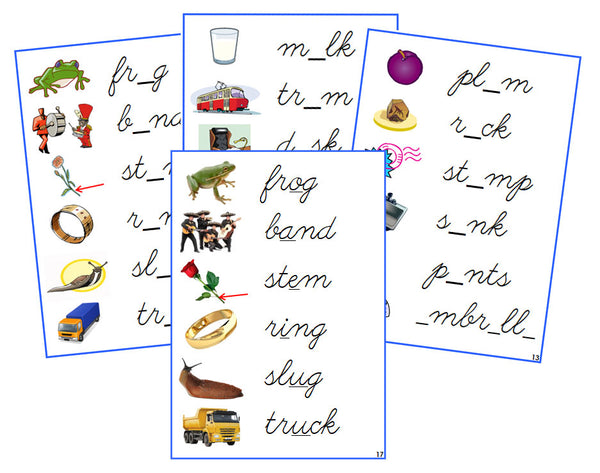 Blue Vowel Sound Cards (cursive) - Montessori Print Shop