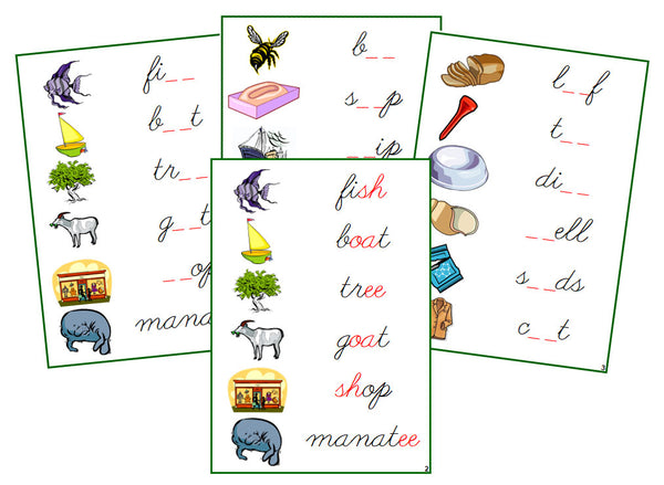 Green Phonogram Sound Cards Set 1 (cursive) - Montessori Print Shop