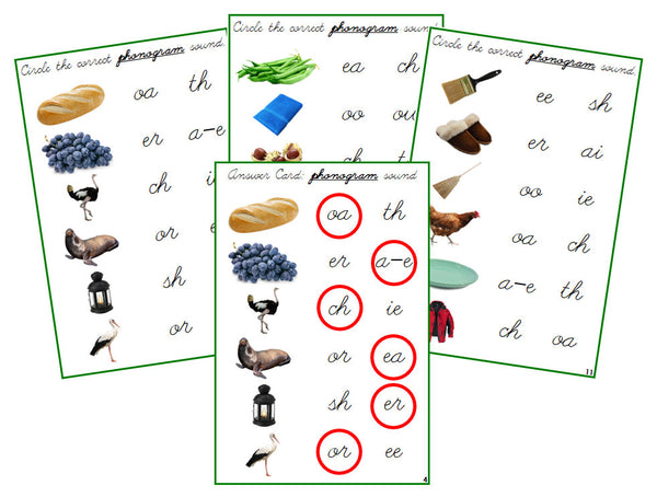 Green Phonogram Sound Choice Cards Set 1 (photos) CURSIVE - Montessori ...