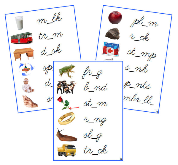 Blue Vowel Sound Cards (photos) CURSIVE - Montessori Print Shop