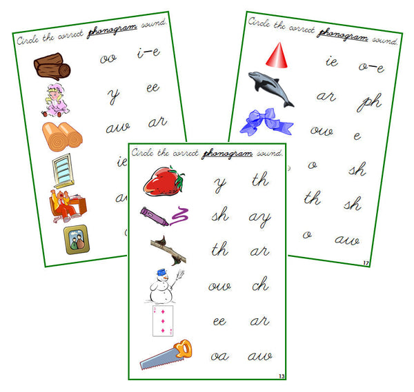 Green Phonogram Sound Choice Cards Set 2 (cursive) - Montessori Print Shop