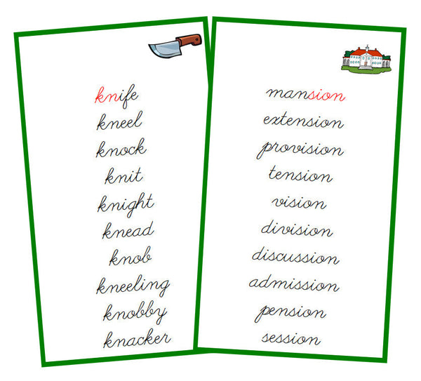 Green Phonogram Cards Set 2 (cursive) - Montessori Print Shop