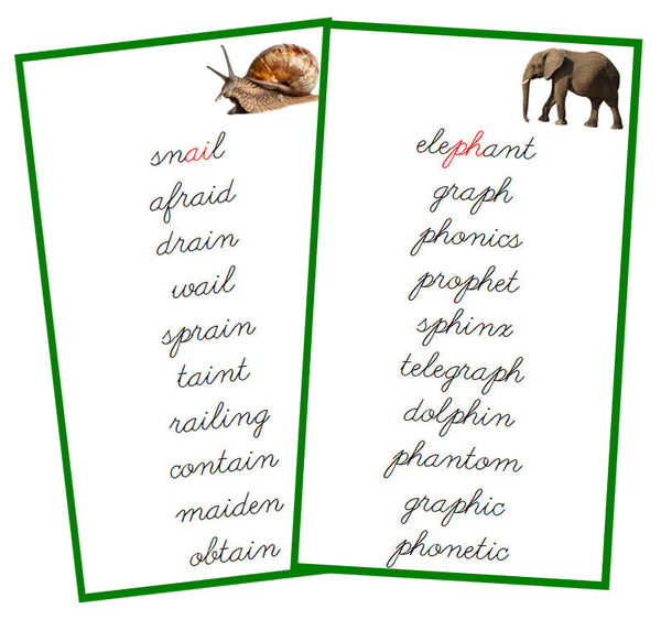 Green Phonogram Cards Set 1 (photos) CURSIVE - Montessori Print Shop
