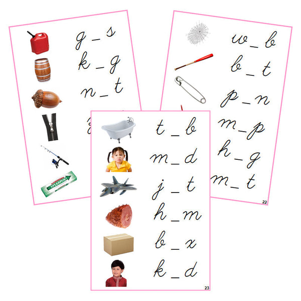 Pink Vowel Sound Cards (cursive) - Montessori Print Shop