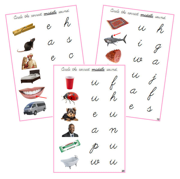 Pink Vowel Sound Choice Cards (photos) CURSIVE - Montessori Print Shop