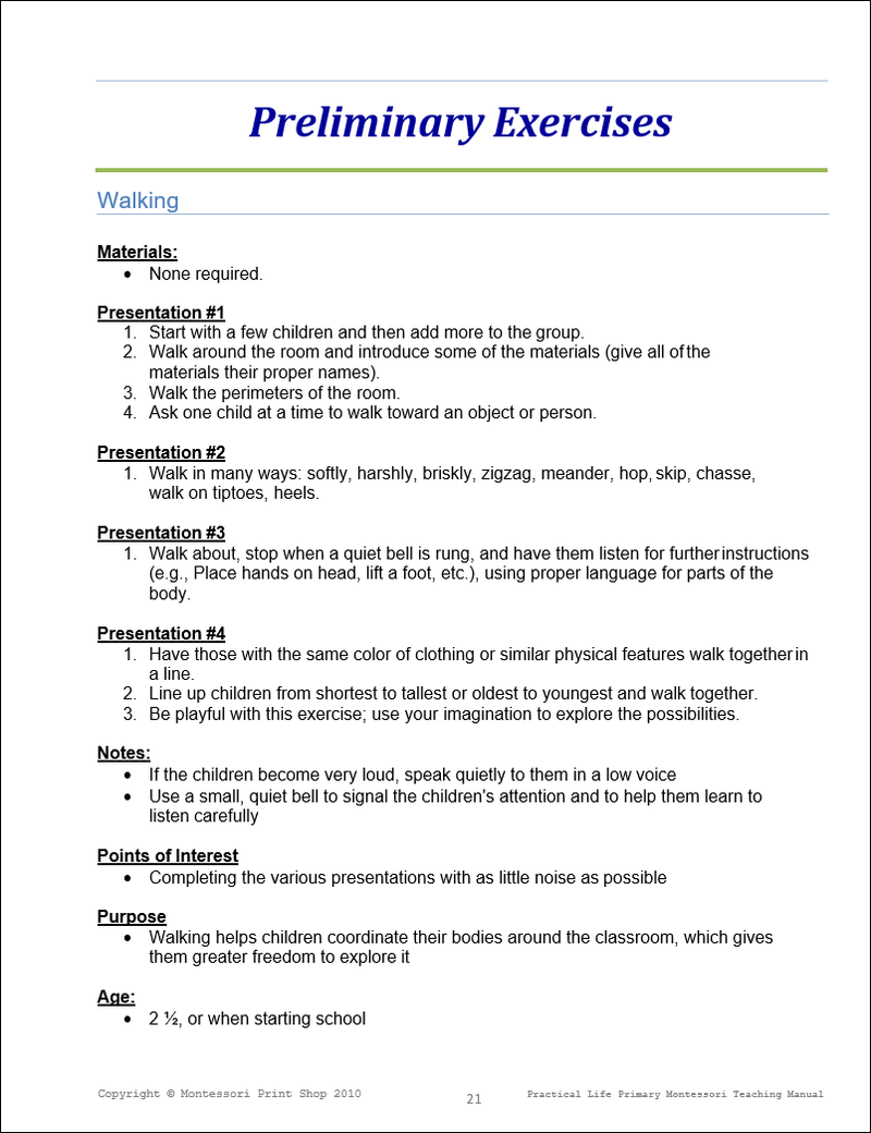 Primary Montessori Practical Life Teaching Manual - Montessori Print ...