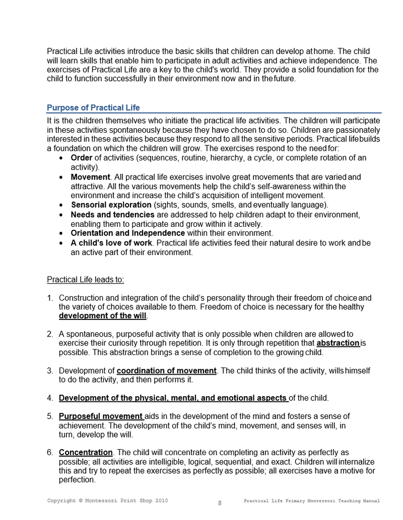 Primary Montessori Practical Life Teaching Manual - Montessori Print ...