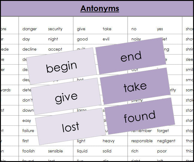 Antonym Word Cards (color) - Montessori Print Shop