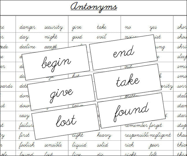 Antonym Cards (cursive) - Montessori Print Shop