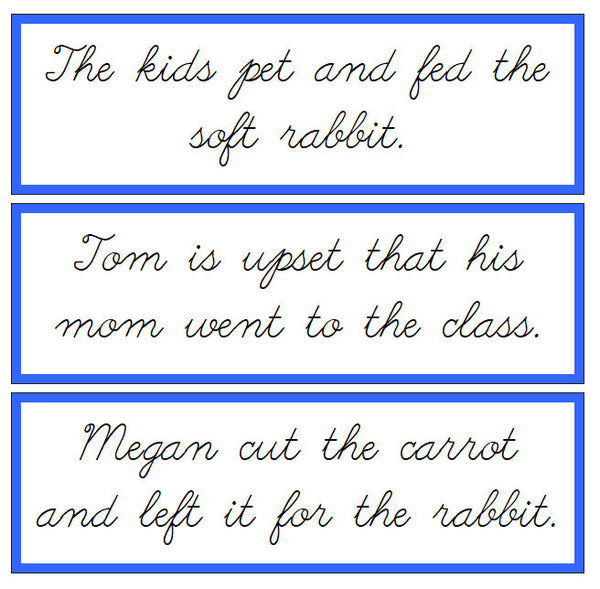 Blue Sentence Cards Set 3 (cursive) - Montessori Print Shop