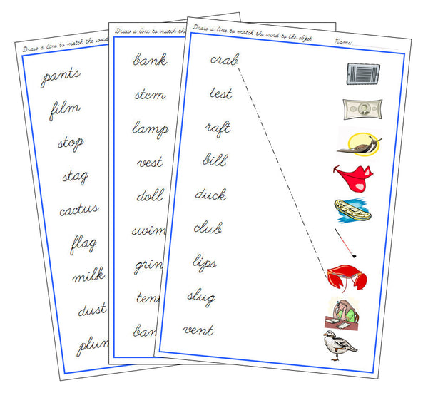 Blue Word & Picture Match (cursive) - Montessori Print Shop