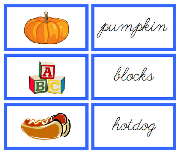 Blue Words & Picture Cards (cursive) - Montessori Print Shop