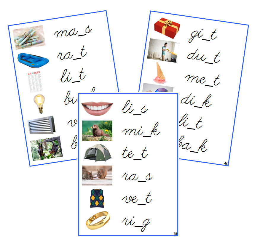 Blue CCVC Missing Consonant Cards (photos) CURSIVE - Montessori Print Shop