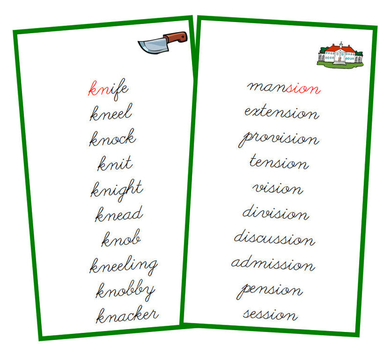 Green Phonogram Cards Set 2 (cursive) - Montessori Print Shop