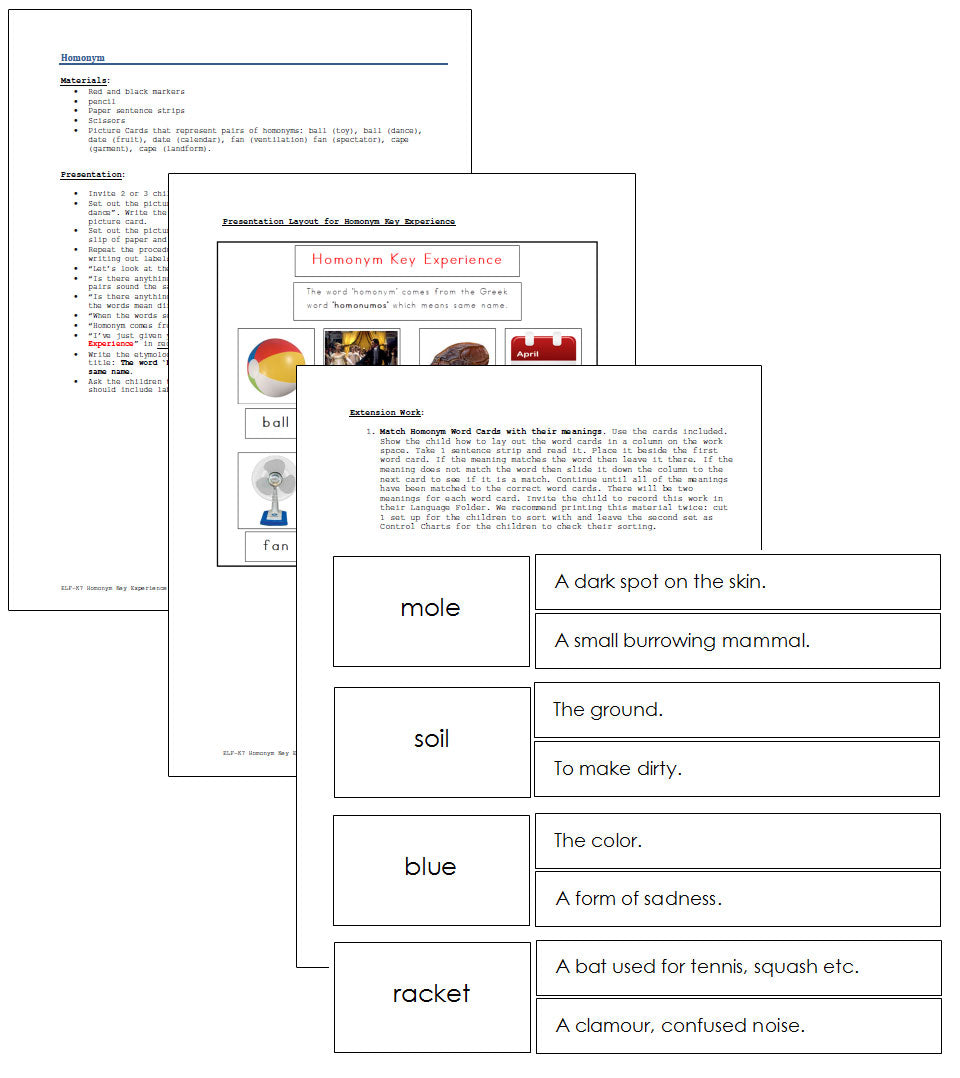Elementary Montessori Homonyms Key Experience - Montessori Print Shop