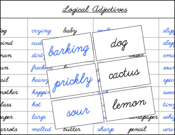 Logical Adjective Cards (cursive) - Montessori Print Shop