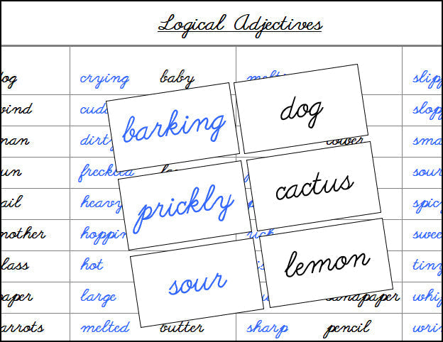 Logical Adjective Cards (cursive) - Montessori Print Shop Digital Download