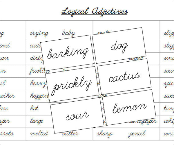 Logical Adjective Cards (cursive) - Montessori Print Shop