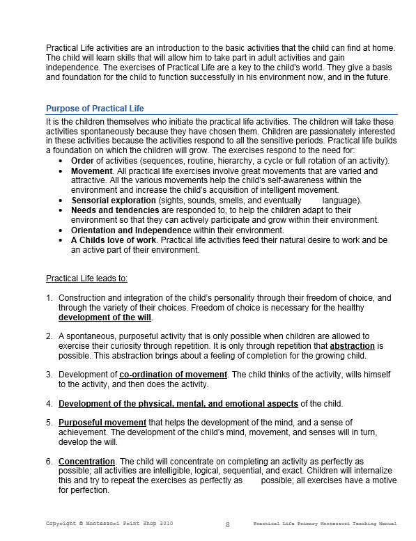 Primary Montessori Practical Life Teaching Manual - Montessori Print Shop