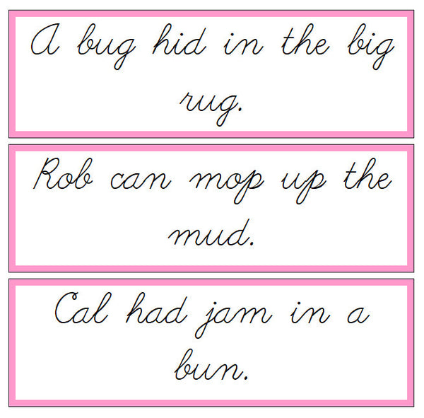 Pink Sentence Cards (Set 3) CURSIVE - Montessori Print Shop