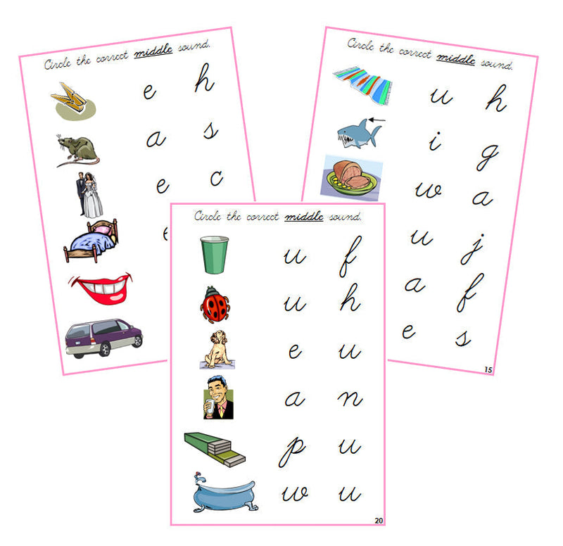 Pink Vowel Sound Choice Cards (cursive) - Montessori Print Shop