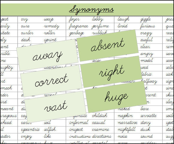 Synonym Cards (color, cursive) - Montessori Print Shop