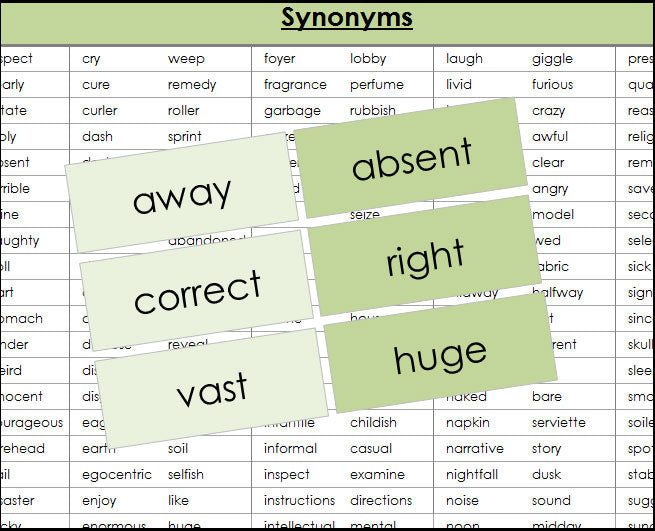 Synonym Cards (color) - Montessori Print Shop
